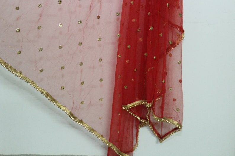 Red Net Dupatta With Golden Sequins Motifs Gold Border Net - Etsy