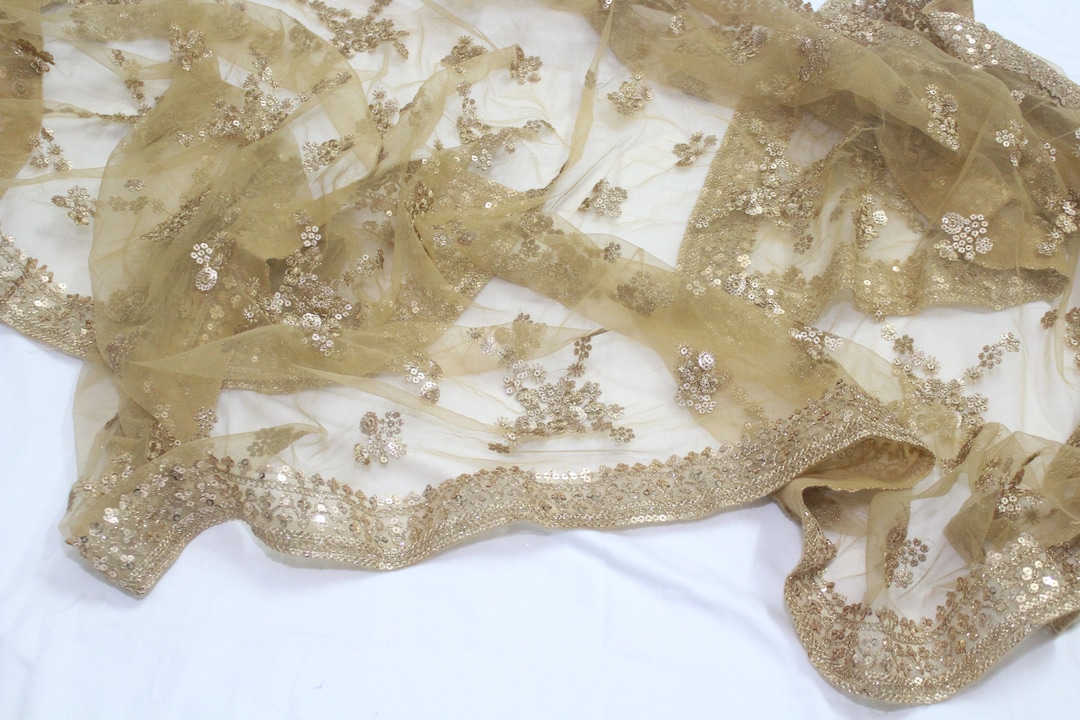 Gold Net Dupatta With Golden Sequins Motifs Gold Net Dupatta Beaded ...