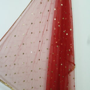 Red Net Dupatta With Golden Sequins Motifs Gold Border Net Dupatta ...
