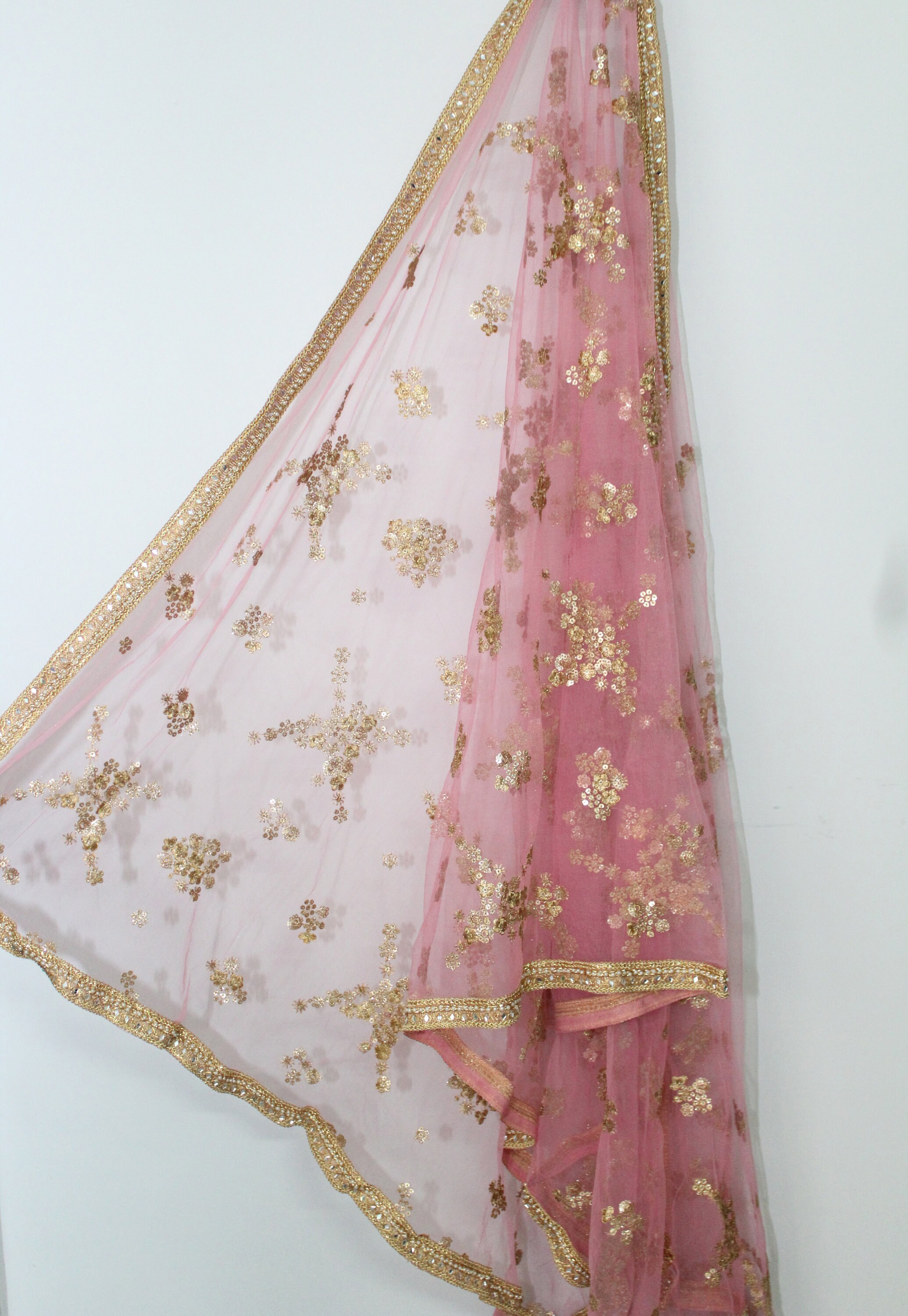 Baby Pink Net Dupatta with Golden Sequin Motifs Gold Border | Etsy