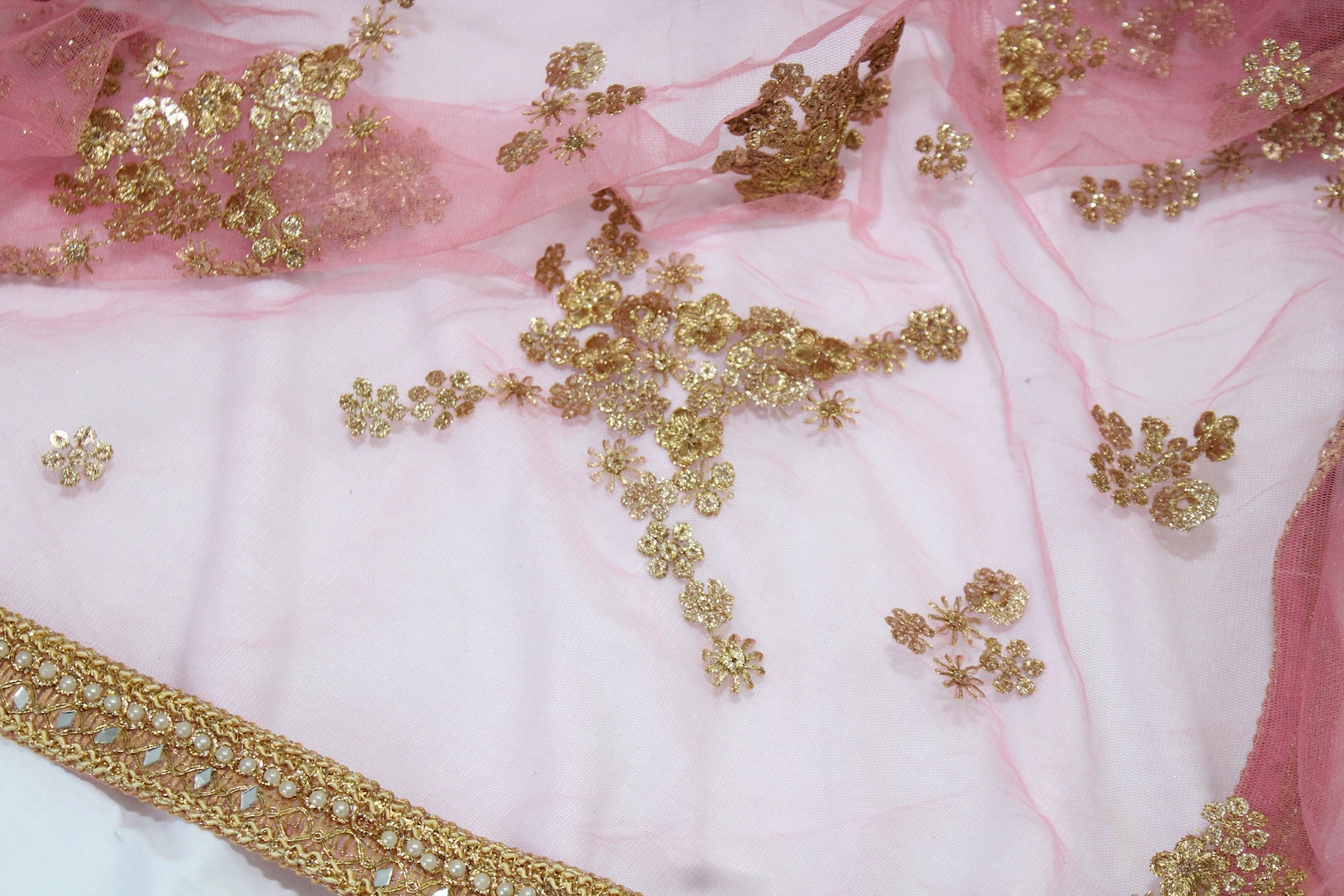 Baby Pink Net Dupatta with Golden Sequin Motifs Gold Border | Etsy