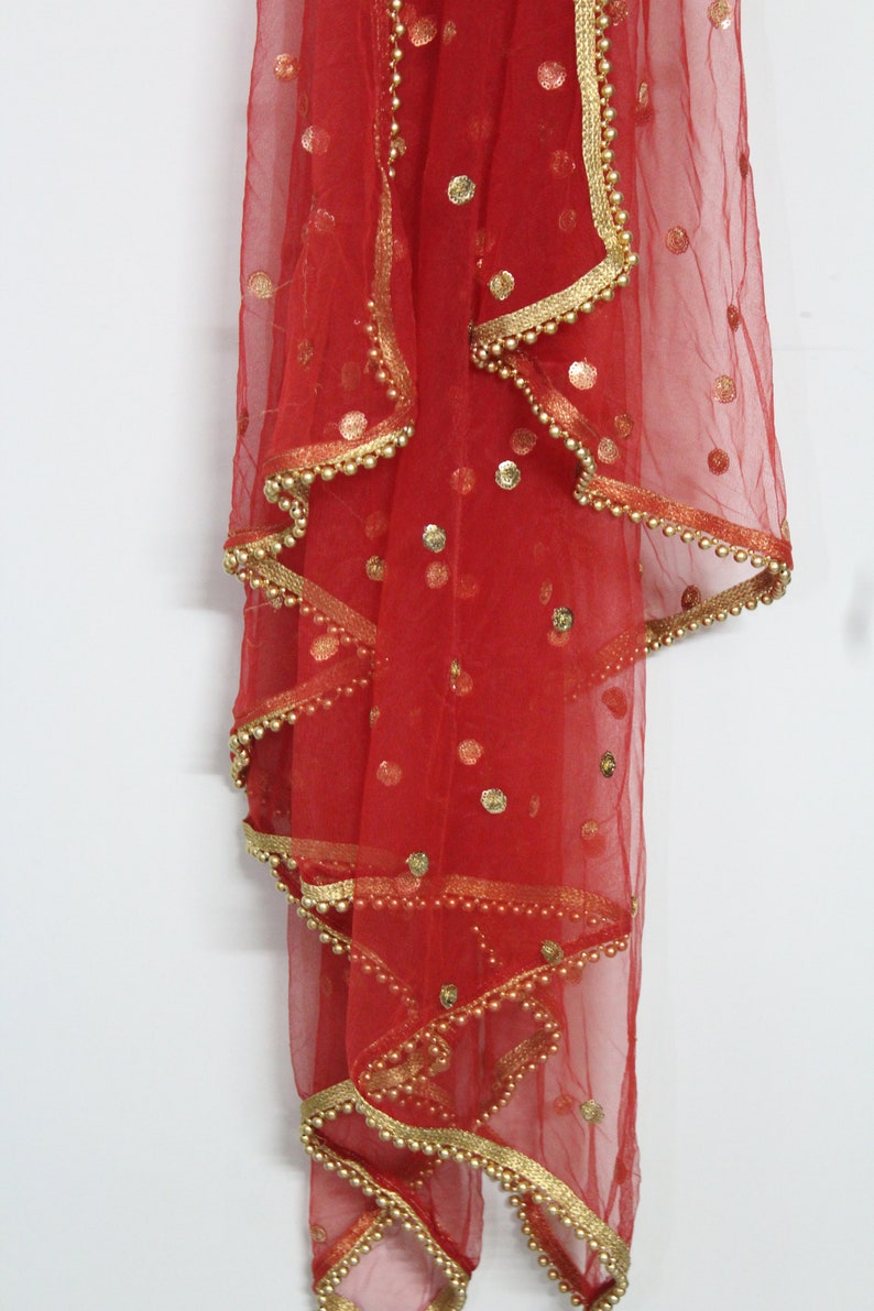 Red Net Dupatta With Golden Sequins Motifs Gold Border Net - Etsy