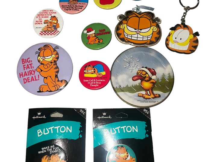 Vintage 1978 Garfield Lot of 12 Buttons Keychain Ornament Tin Coaster ...