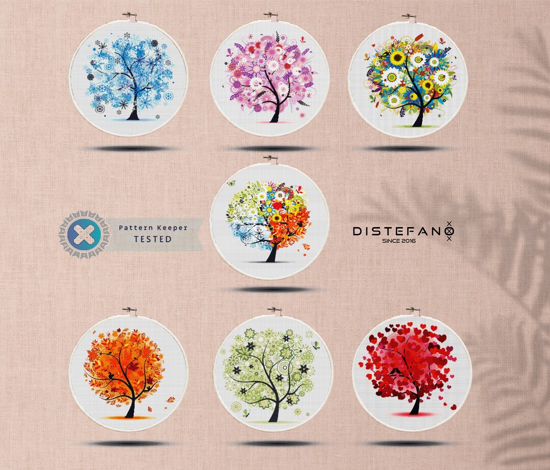 TREE Cross Stitch Pattern PDF 7 Pcs Full Set, Four Seasons Tree, Winter ...