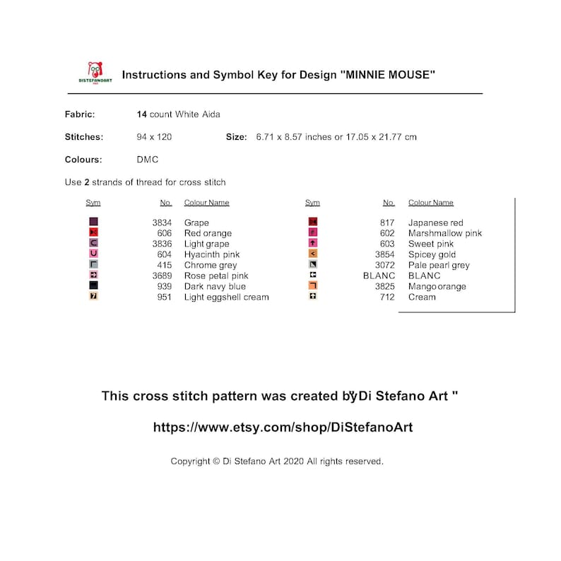 MINNIE MOUSE Cross Stitch Pattern PDF Embroidery Chart Cute | Etsy