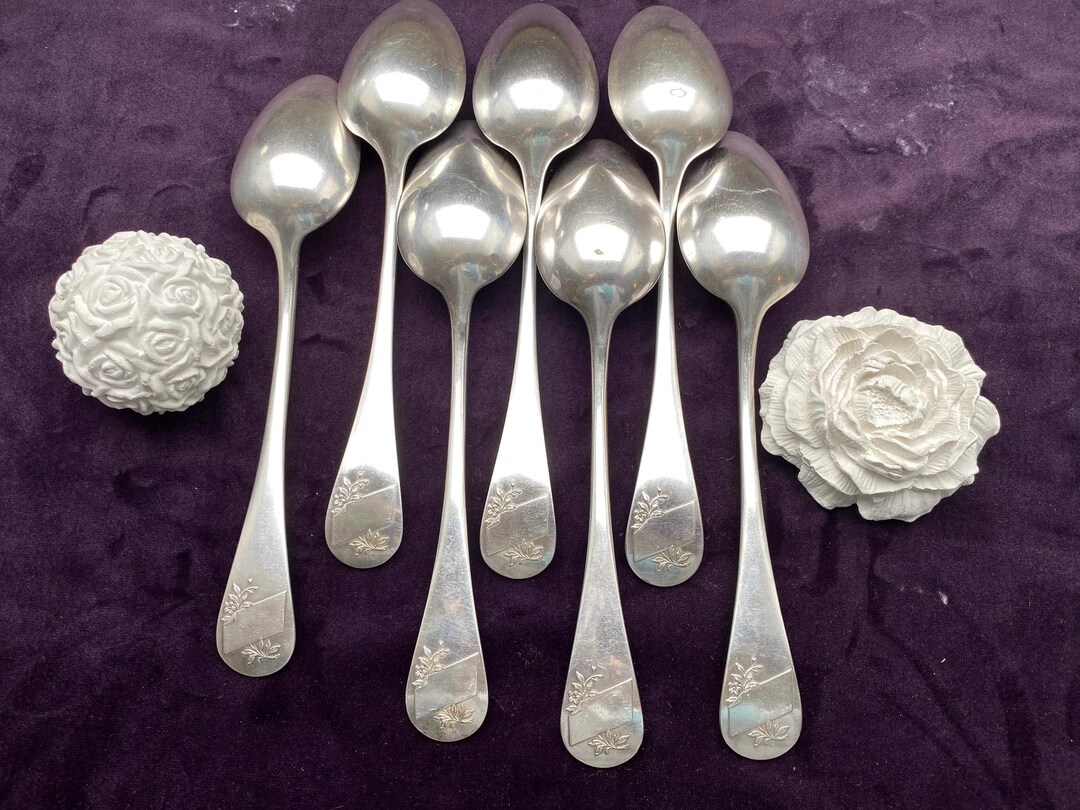 7 Large Silver-plated Metal Soup Spoons, Single-plate Model With Floral ...