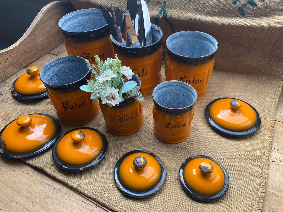 Superb Series of 6 Old Decorative Orange Enameled Spice Pots, Vintage ...