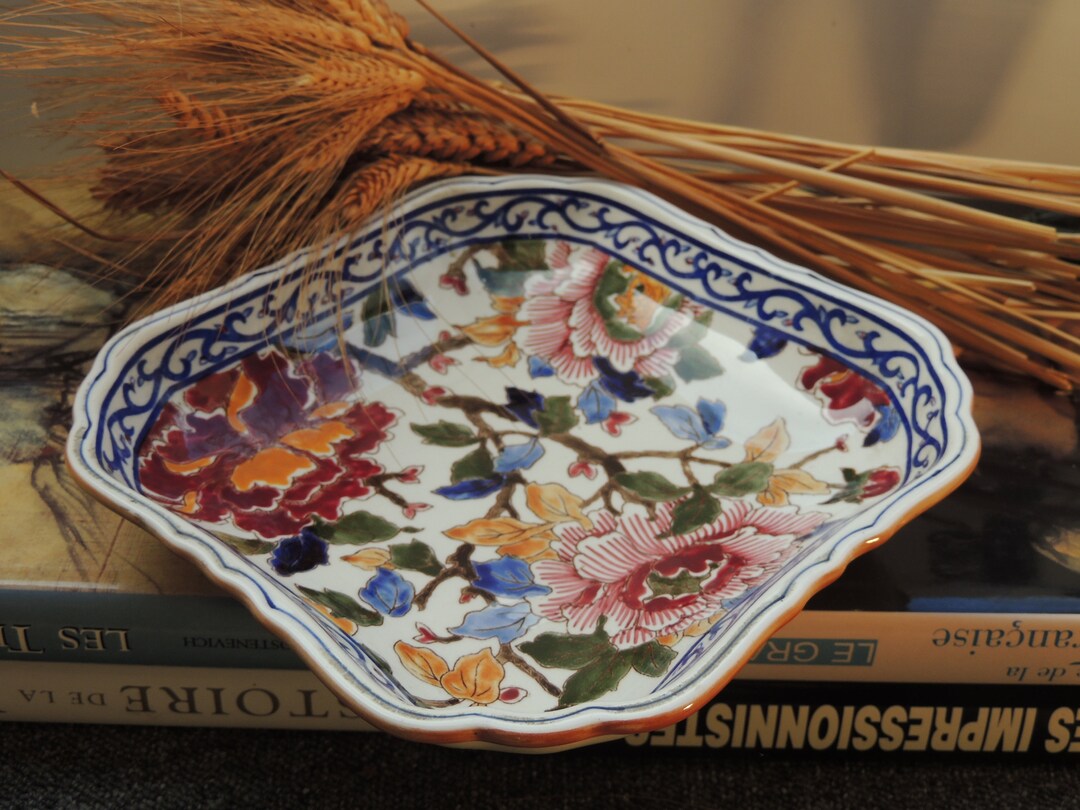 Superb Square Section Dish Faience D'art From the Gien Factory Peony ...