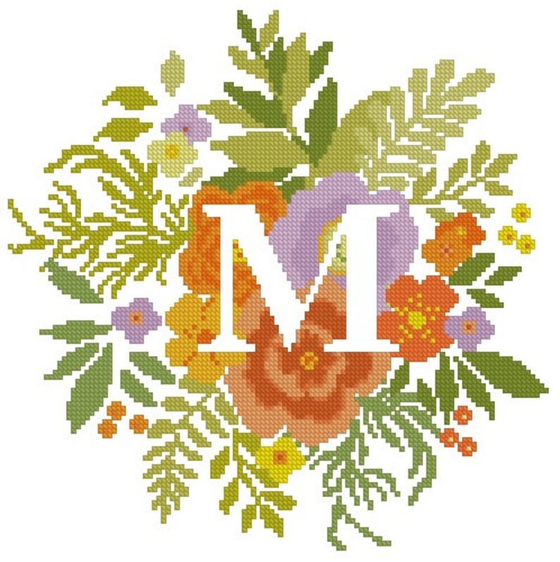 M Letter Cross Stitch Pattern Modern Floral Monogram Modern | Etsy