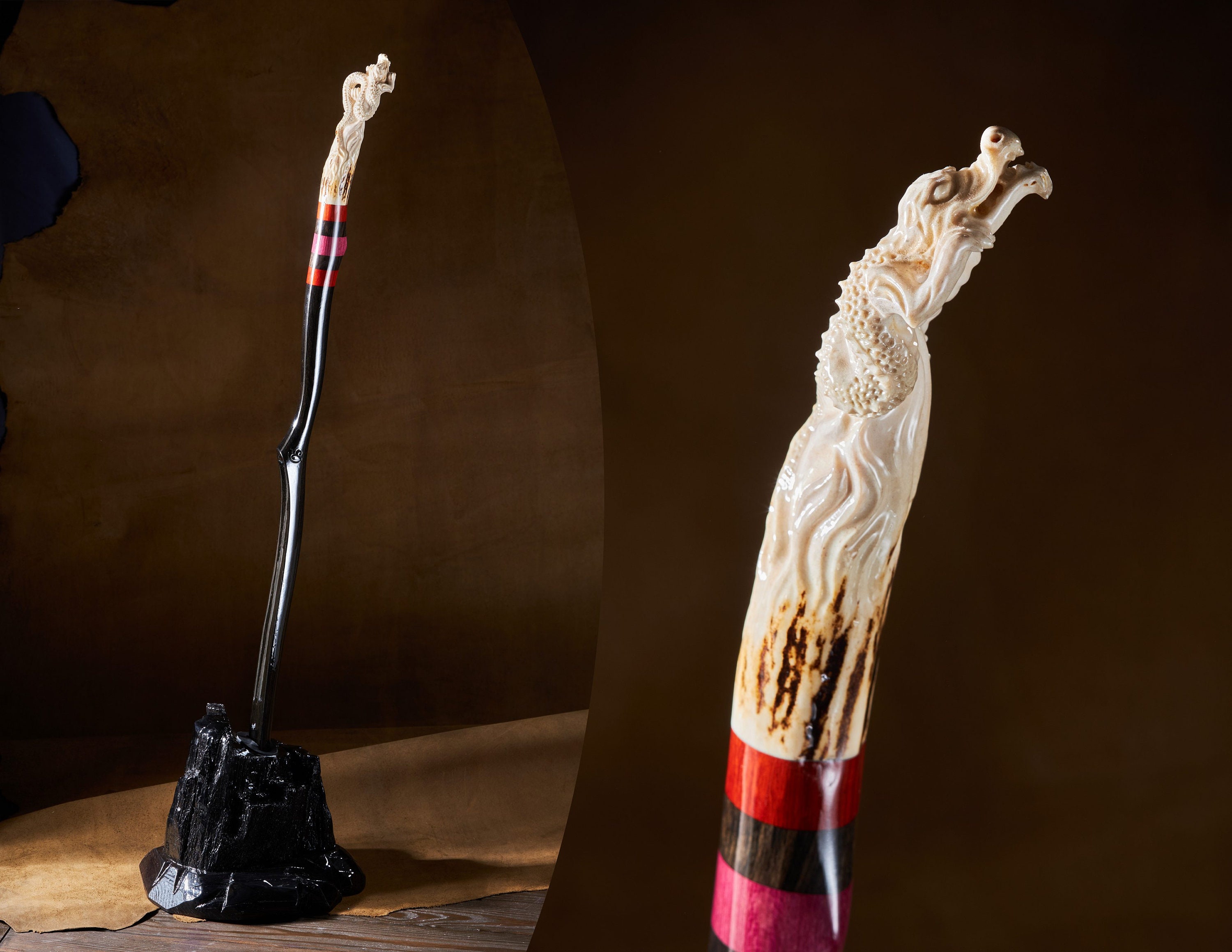 Carved Dragon Bog Oak Set With Extra Long Horn and Stand for - Etsy