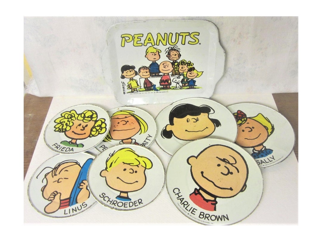 Vintage 60s Peanuts Gang Tin Toy Plate Set - 8 Piece Metal Dishes ...