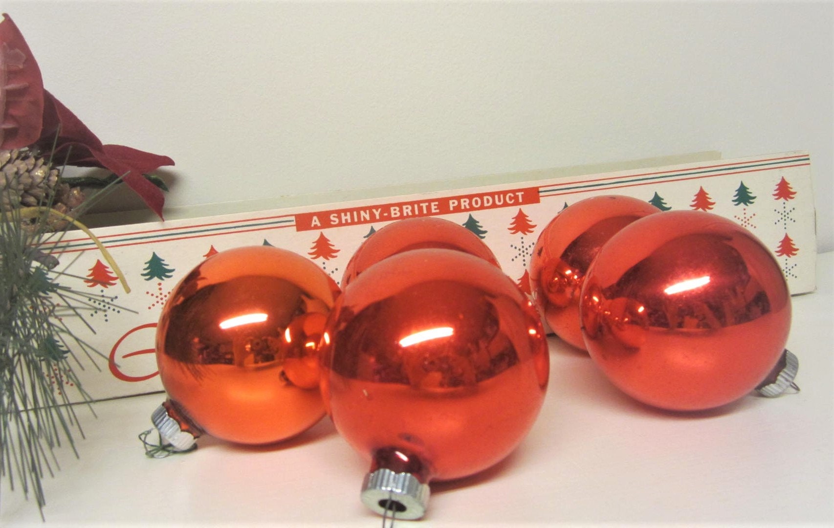 50s Shiny Brite Red Ornaments Set of 5 USA Glass Ball Ornaments Shiny ...