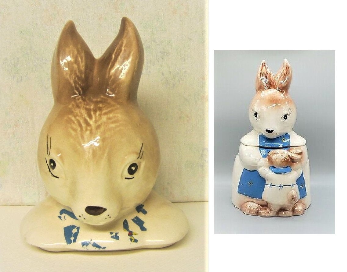 60s Ceramic Bunny Cookie Jar LID ONLY Mother Rabbit Lid Vintage Easter ...