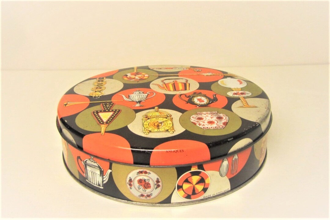Huntley Boorne Biscuit Tin England 60s Orange & Black Tin Box Round ...