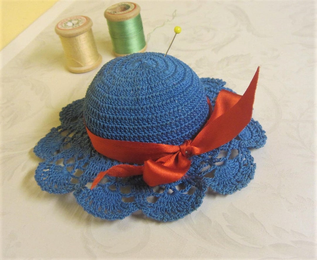 Vintage Crochet Hat Pin Cushion: Blue & Red Ribbon, 1950s Sewing Decor ...