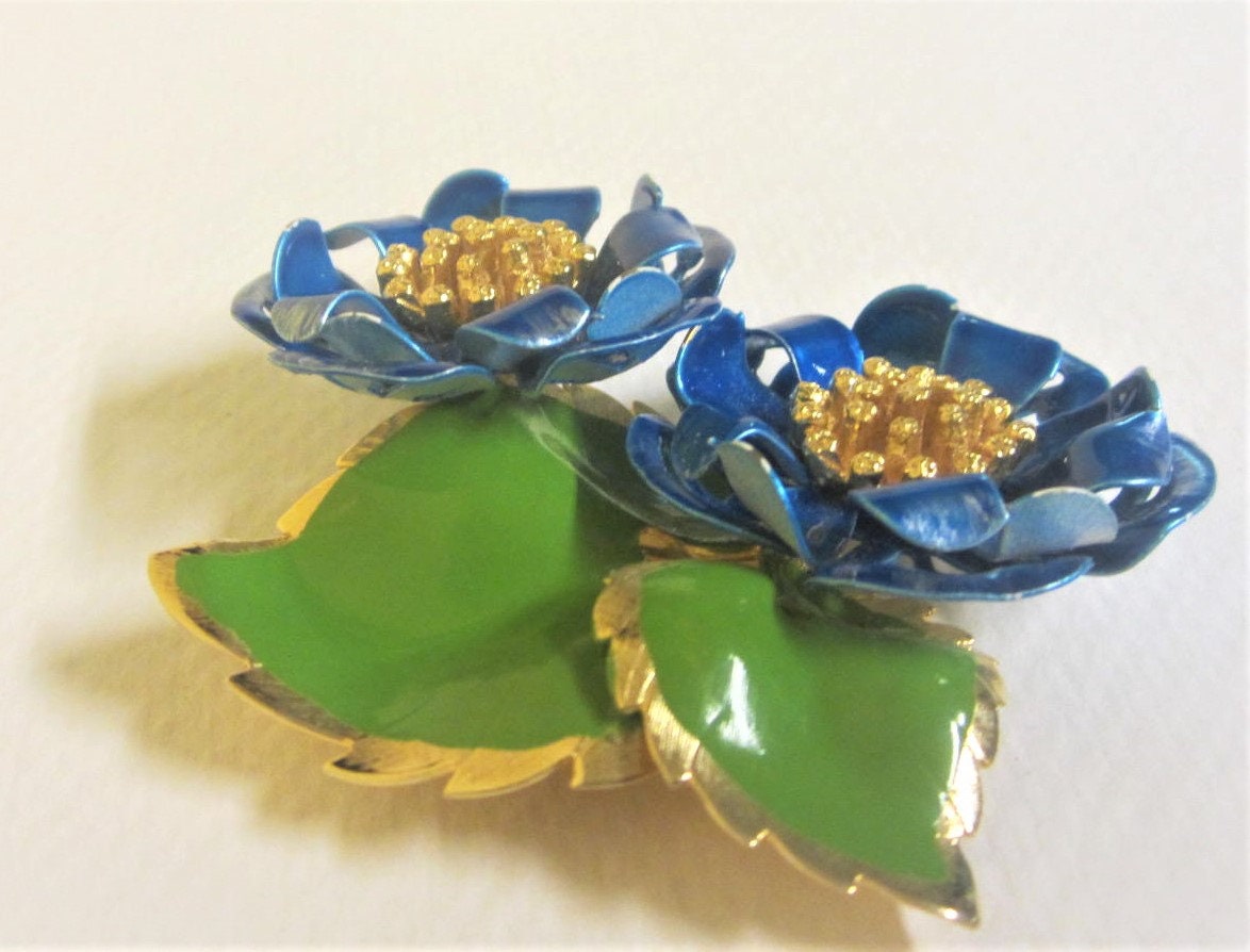 Blue Enamel Flower Brooch 50s Painted Metal Flower Metallic Blue Tiered ...