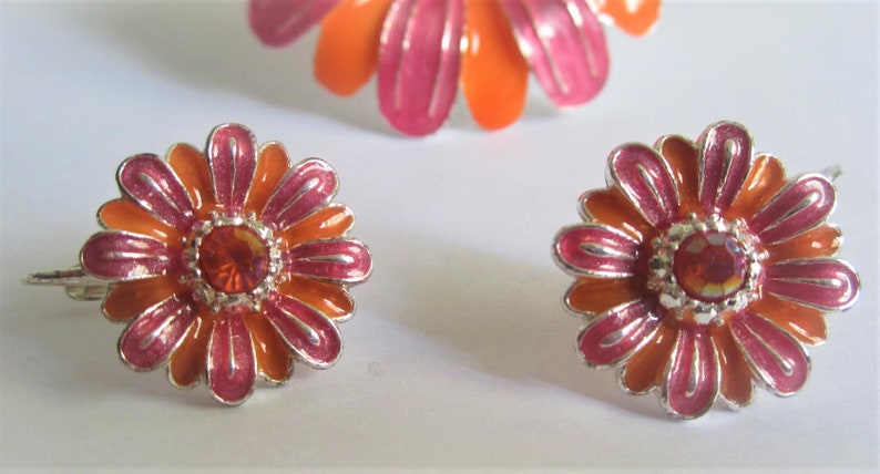 Avon Daisy Brooch Set Pink & Orange Flower Vintage Avon Enamel Flower ...