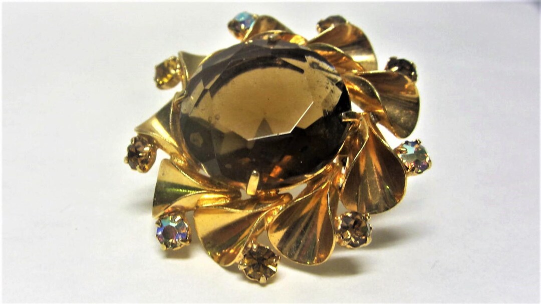 Topaz Glass Pinwheel Brooch 60s Glass AB Rhinestone Brooch Topaz ...