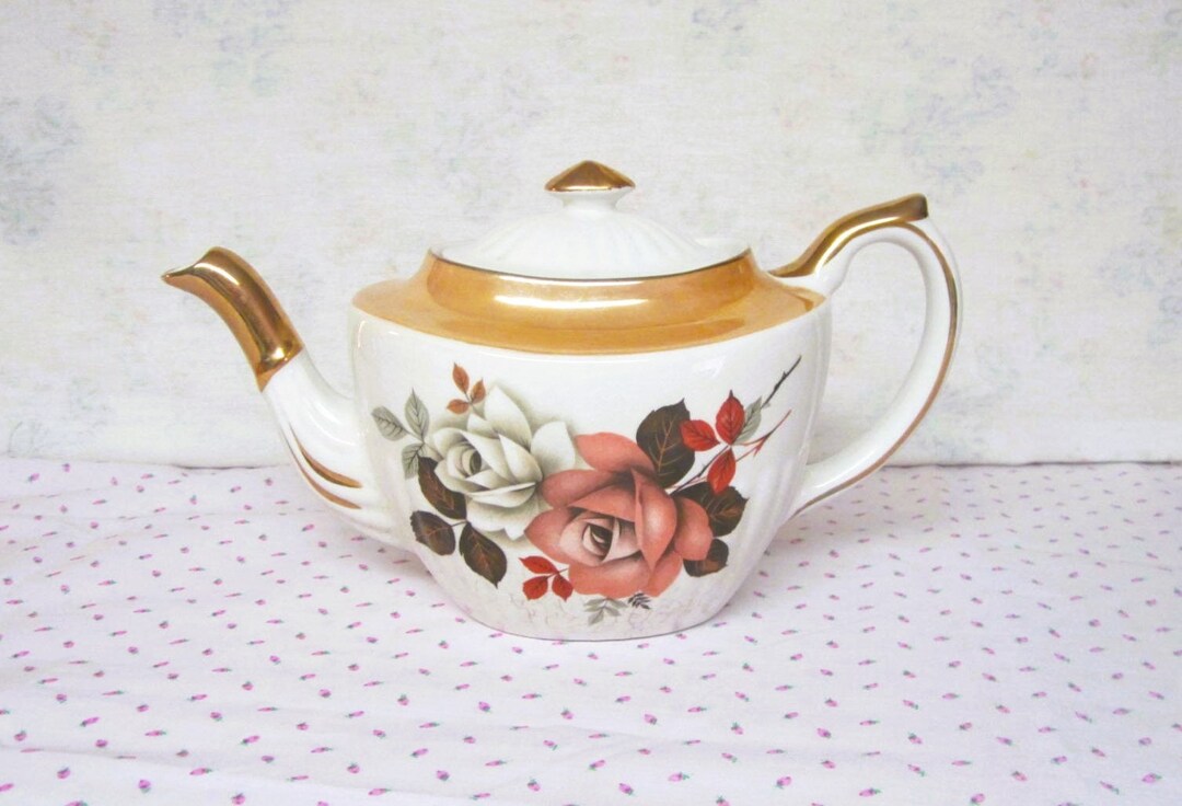 Gibsons Staffordshire Floral Teapot 50s White & Pink Roses Pattern ...