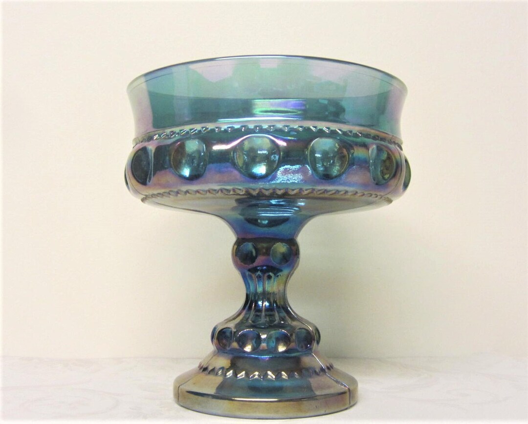 Blue Indiana Glass Compote Dish King Crown 60s Blue Carnival Glass Bowl ...