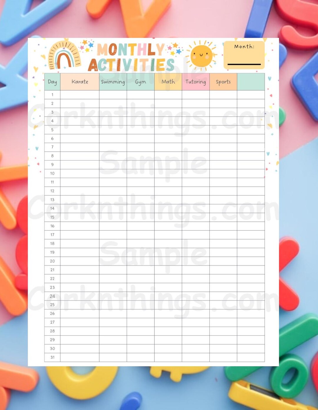 Editable Colorful Monthly Activities Tracker | Rainbow Kids Tracker ...
