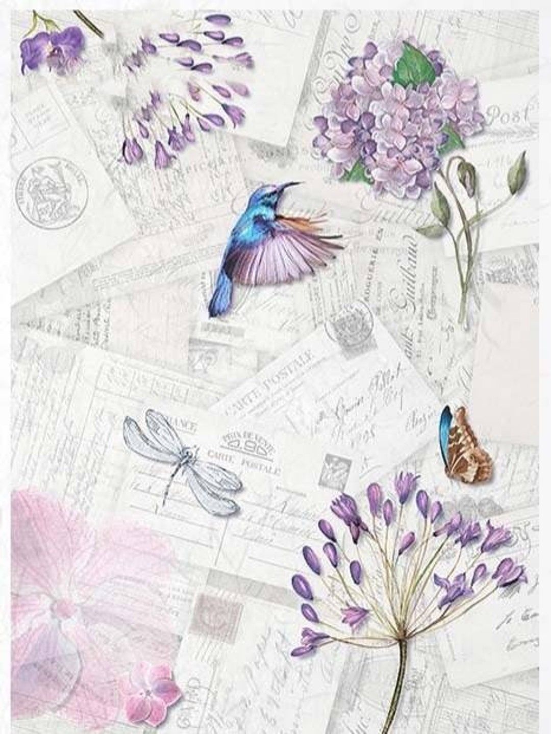 Rice Paper for Decoupage A4 Sheet Purple Flowers Hummingbird Decoupage ...
