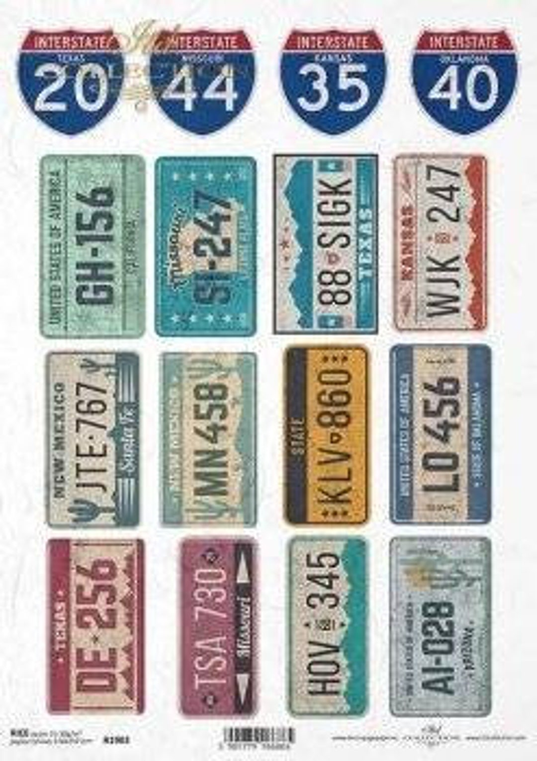 Rice Paper for Decoupage, Single A4 Sheet, American Car Number Plates ...