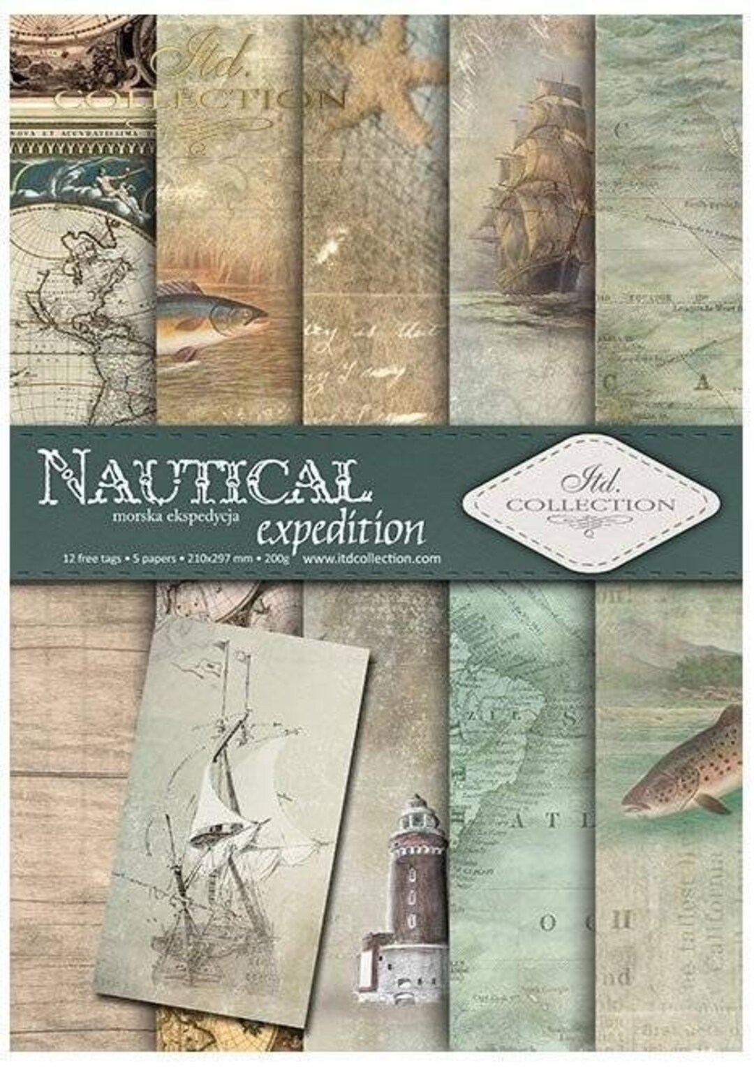 Scrapbook Paper A4 X 5 Double Sided Sheets Nautical Expedition Collage ...