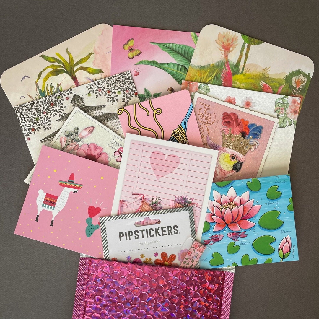 Pink Postal Pack Mix of Postcards, Stickers and Washi Tape Pink Theme ...