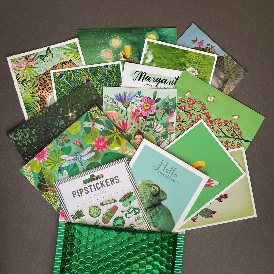 Shades of Green Postal Pack Mix of Green Postcards, Green Stickers and ...