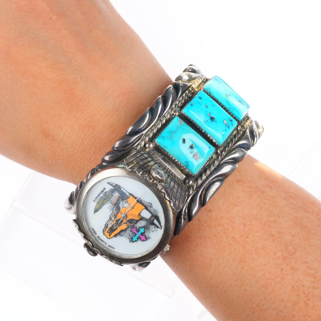 7.6" Ben Touchine Vintage Navajo Sterling Silver Turquoise Watch Cuff ...