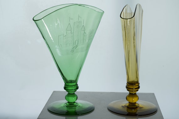 1920's Steuben Carder Era Fan Vase Pair One Green With | Etsy