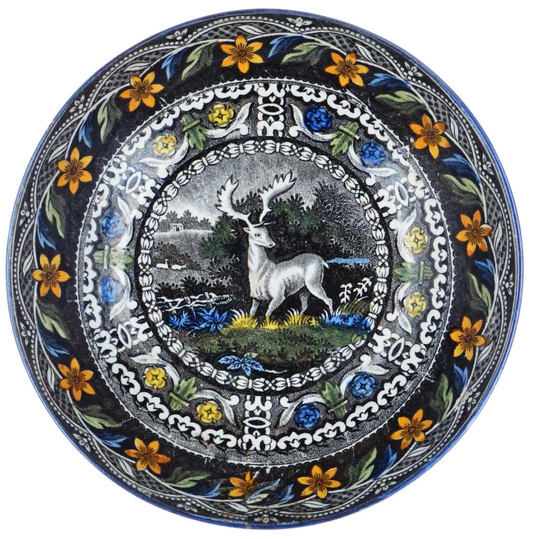 C1840 Rare Multi-color Stag Transferware Staffordshire Bowl/saucer - Etsy