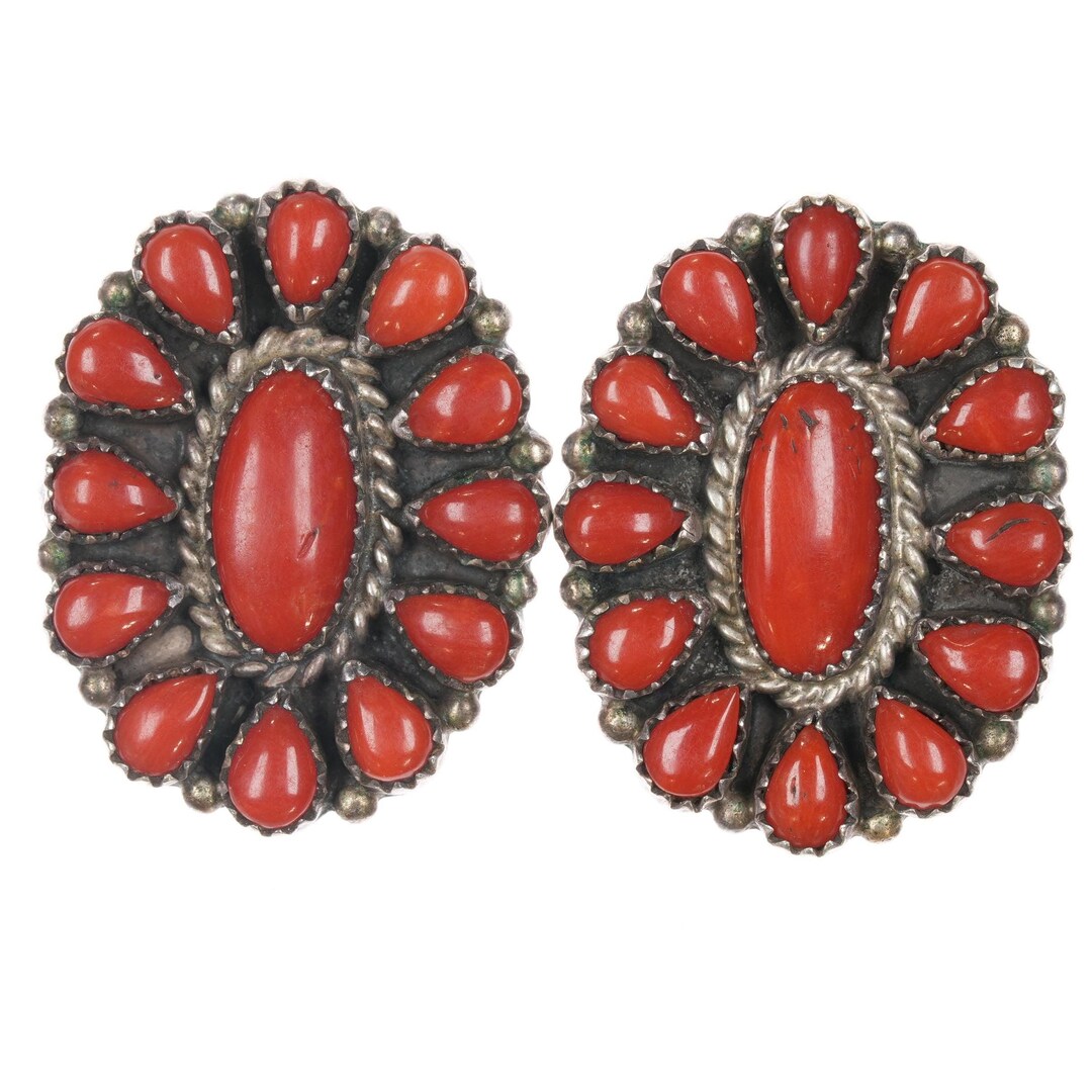Tim Yazzie Navajo Sterling Red Coral Cluster Clip-on Earrings - Etsy
