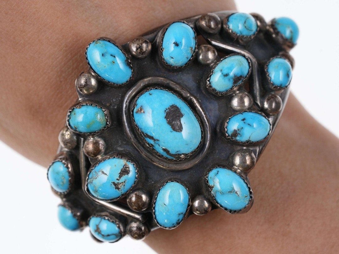 Vintage Navajo Sterling/turquoise Cluster Cuff Bracelet - Etsy