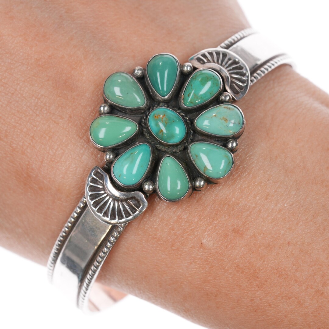 6.75" Leonard Platero Navajo Sterling and Turquoise Cluster Cuff ...