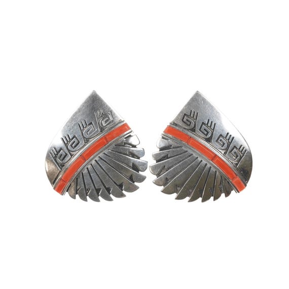 Alvin and Lula Begay Navajo silver and coral earrings - Gem