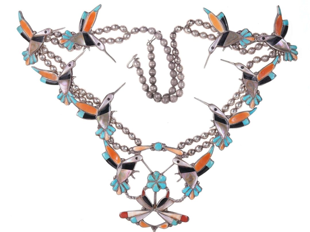 Fine Vintage Zuni Hummingbird Multi-stone Channel Inlay Squash Blossom ...