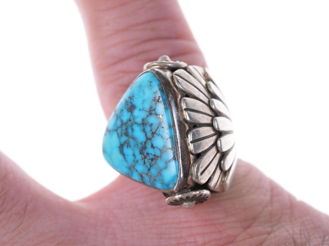 Sz8.5 Vintage Steve Yellowhorse Navajo Sterling and Spiderweb Turquoise ...