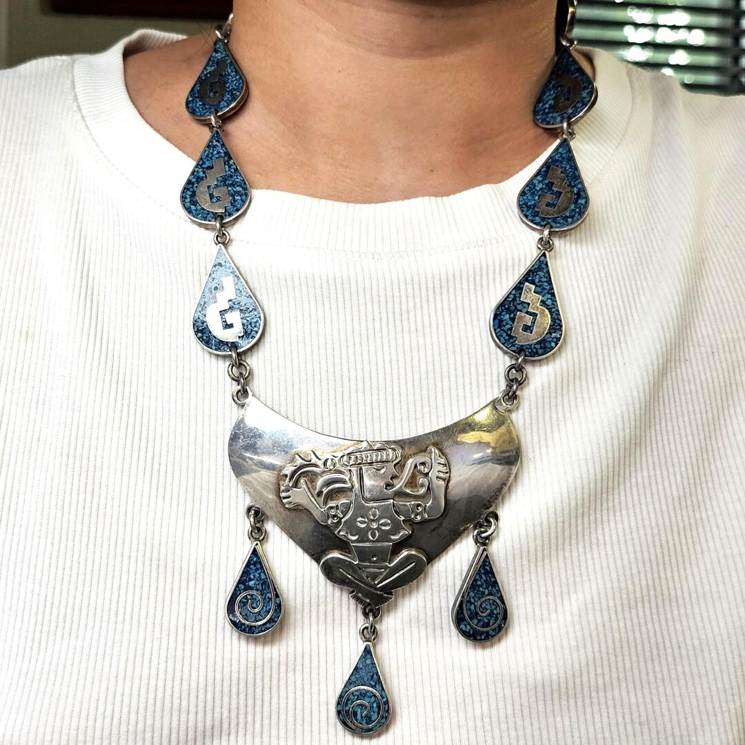 21" Retro Mexican Aztec Style Sterling Silver Turquoise Chip Inlay Link ...