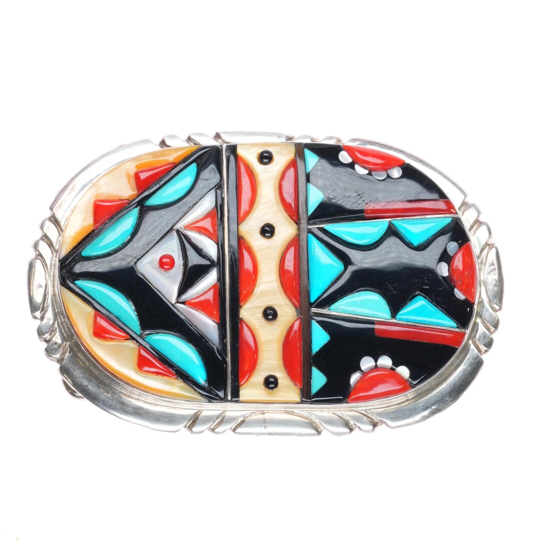 Virginia Quam Zuni Sterling Silver Cobblestone Inlay Turquoise/coral ...