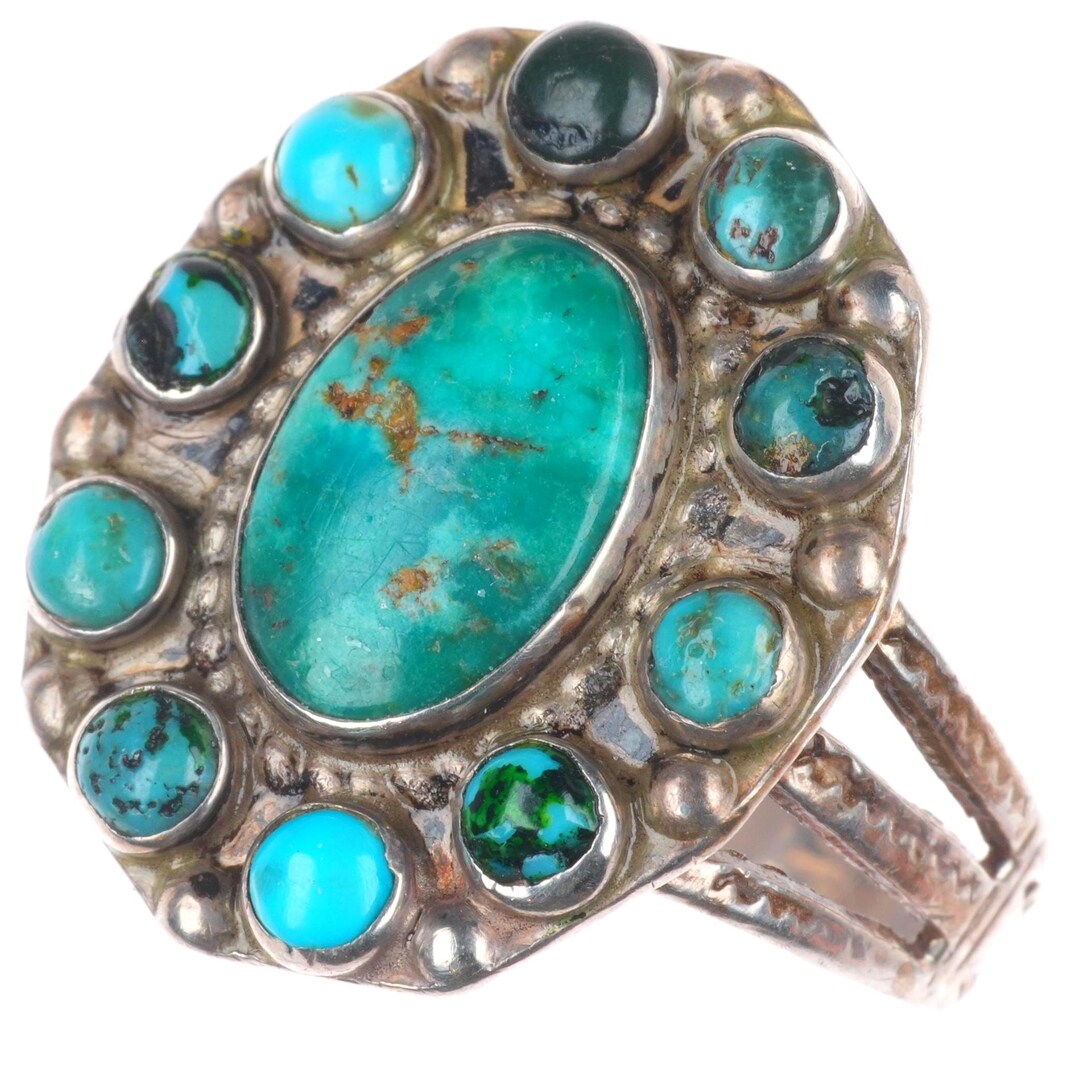 Sz9 C1940's Vintage Zuni Sterling Silver Turquoise Satellite Cluster ...
