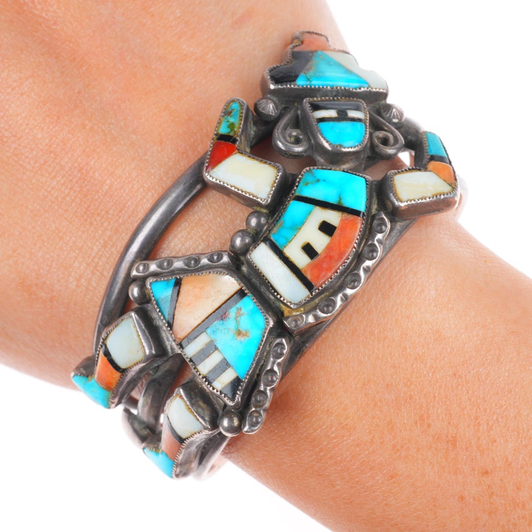 6.25" 1950's Zuni Sterling Silver Natural Turquoise Rainbow Man Cuff ...
