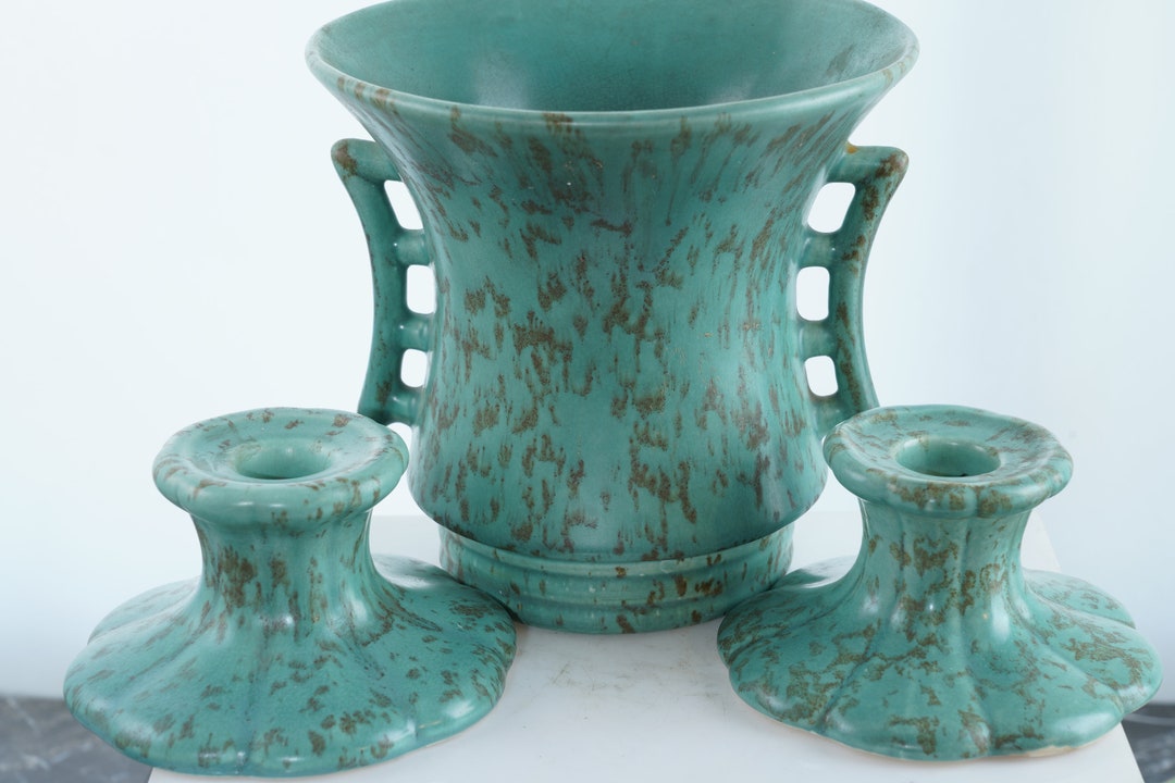 C1940 Rumrill Art Pottery Vase and Candle Holder With Unusual Sponged ...