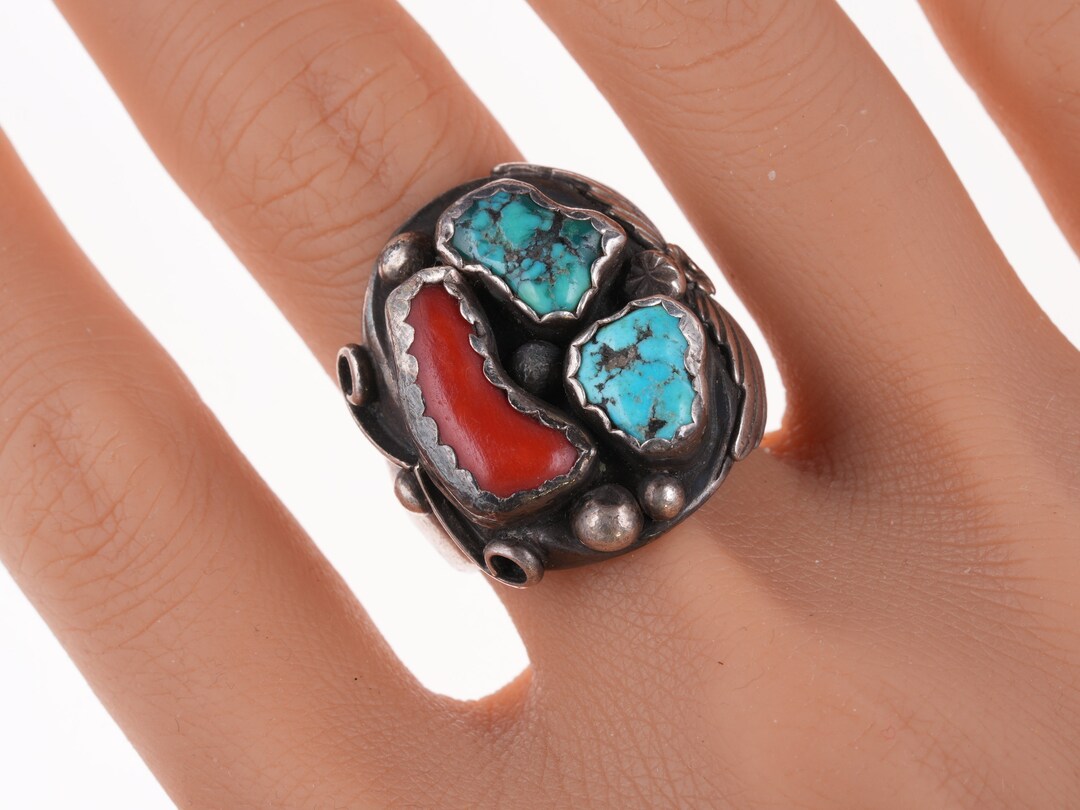 Sz11 Vintage Navajo Sterling Turquoise and Coral Ring - Etsy