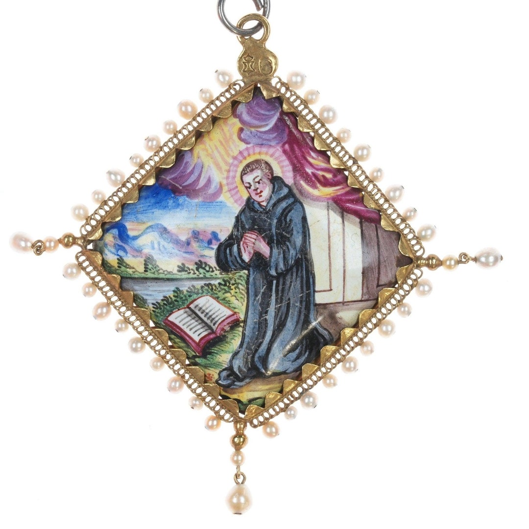 20ct Gold Antique Spanish Colonial Religious Enamel Pendant With ...