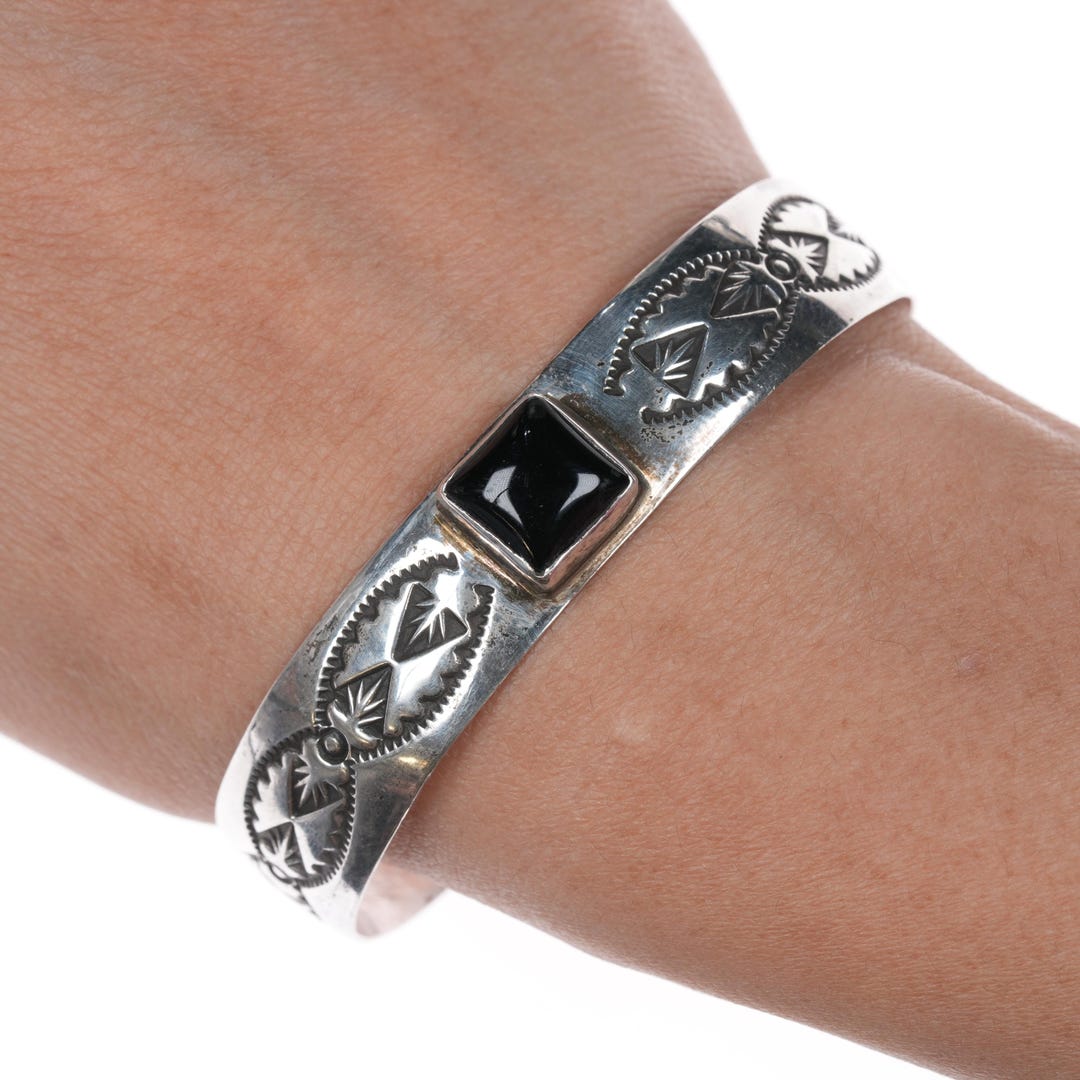 6 5/8 Tom Sam Navajo Hand Stamped Sterling and Onyx Cuff Bracelet - Etsy