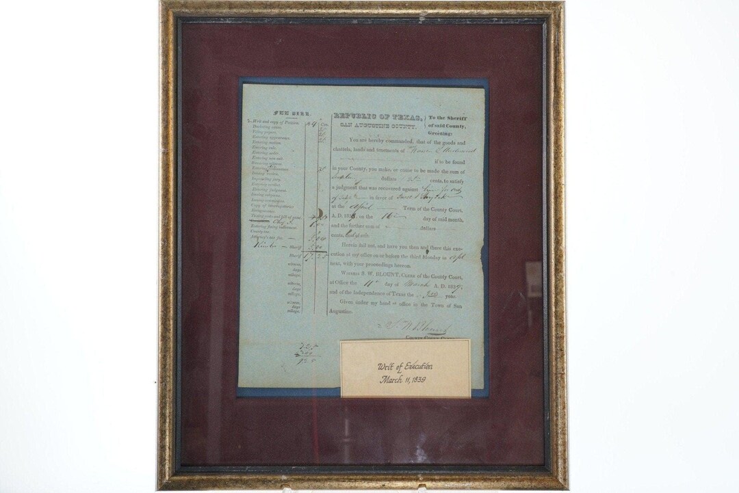 1839 Writ of Execution Republic of Texas Signed Stephen William Blount ...
