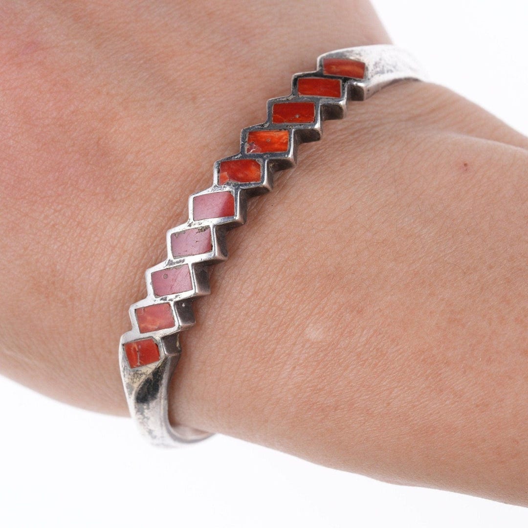 6 3/8 40's-50's Zuni Silver Coral Channel Inlay Zig-zag Bracelet - Etsy