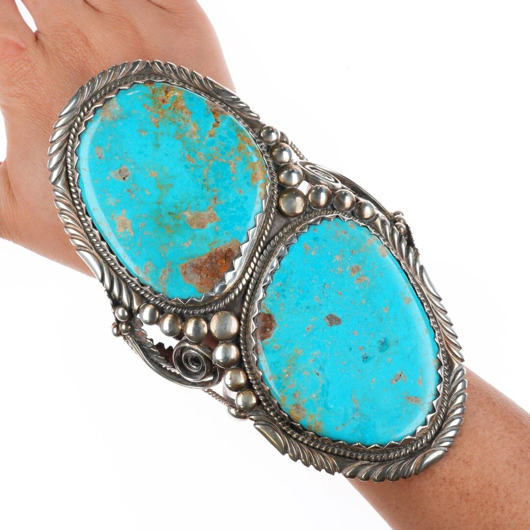 6.75" Vintage Huge Stover Paul Navajo Sterling Silver Turquoise Cuff ...